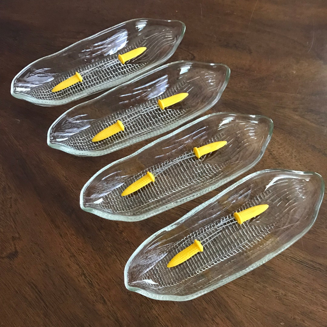 Clear Glass Embossed Sweet Corn Boats With Yellow Plastic Holders (4 ...