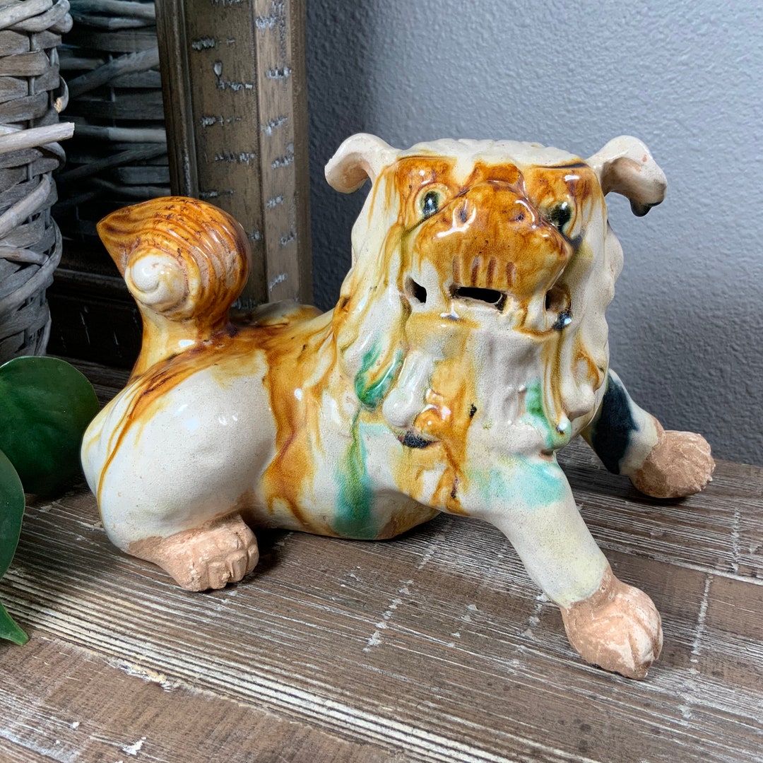 Primitive FOO DOG Calico Multicolor Drip Glaze Figurine - Luck Wellness ...
