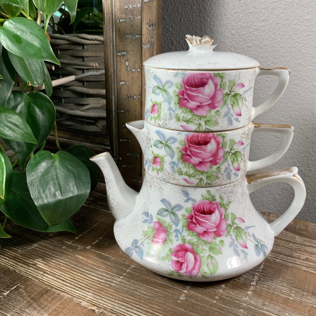 Norcrest DRESDEN ROSE Nesting / Stacking Teapot With Sugar and Creamer ...