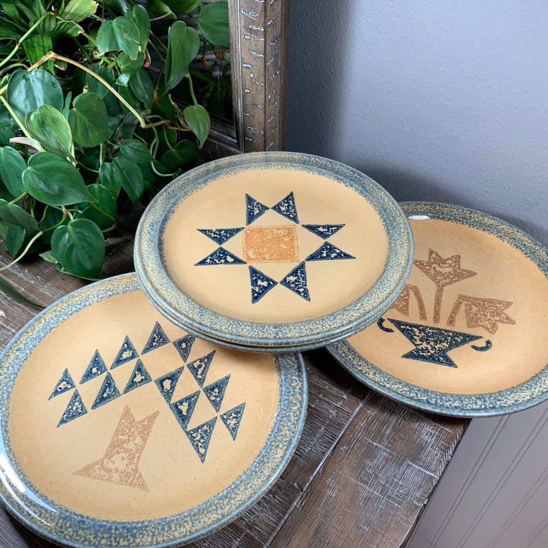 Four (4) Pfaltzgraff AMERICA Dinner Plates - Spongeware Tree, Vase, and ...
