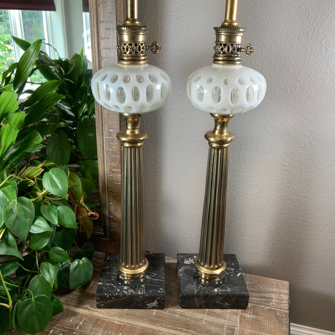 One (1) Fenton 30” COIN DOT FRENCH Opalescent - Brass and Marble ...