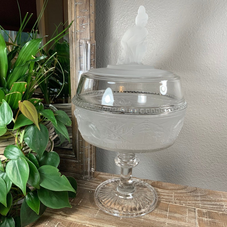 Large Gillinder and Sons WESTWARD HO / Pioneer 8” Compote and Cover ...