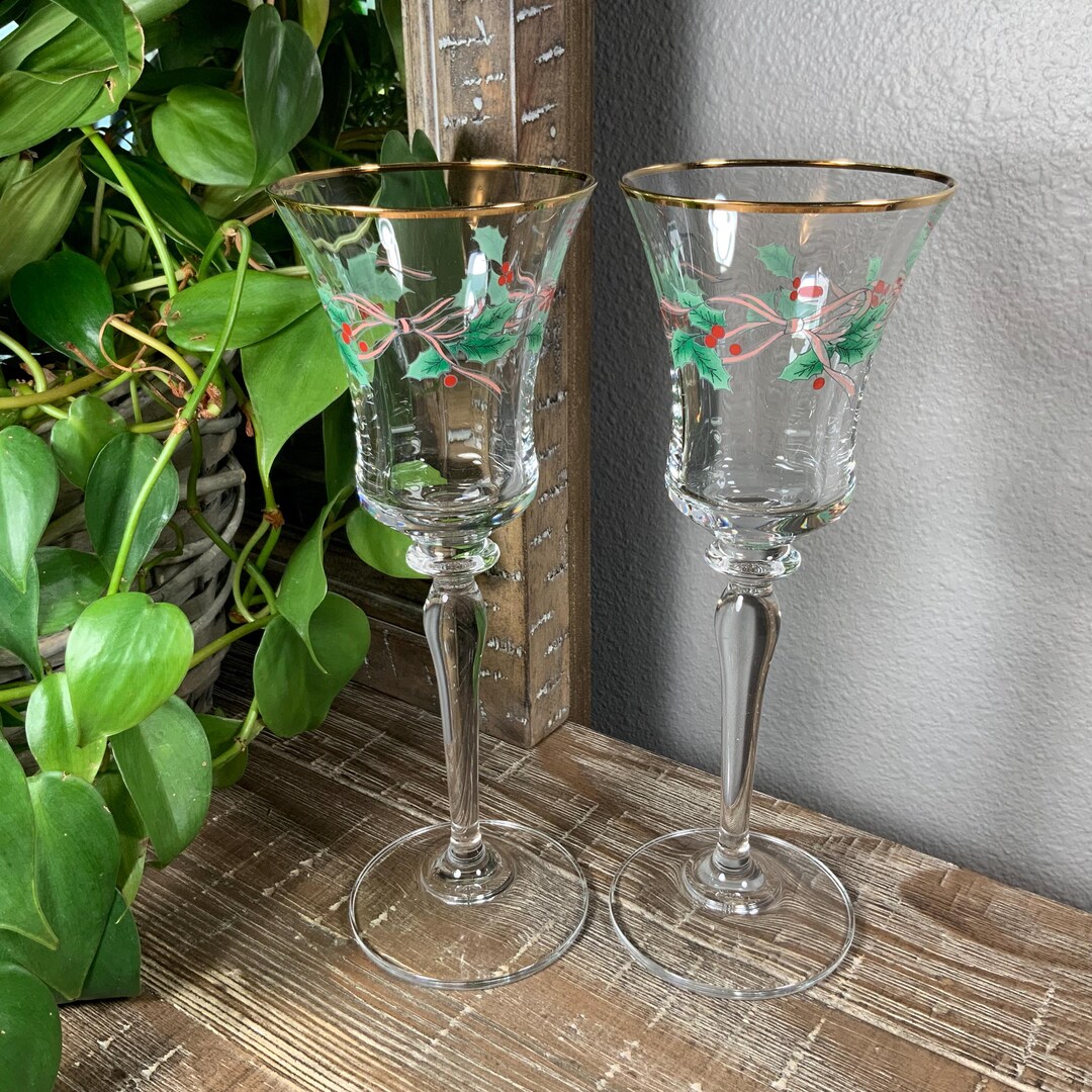 Two (2) Mikasa RIBBON HOLLY Wine Goblets - Elegant Holiday Barware ...