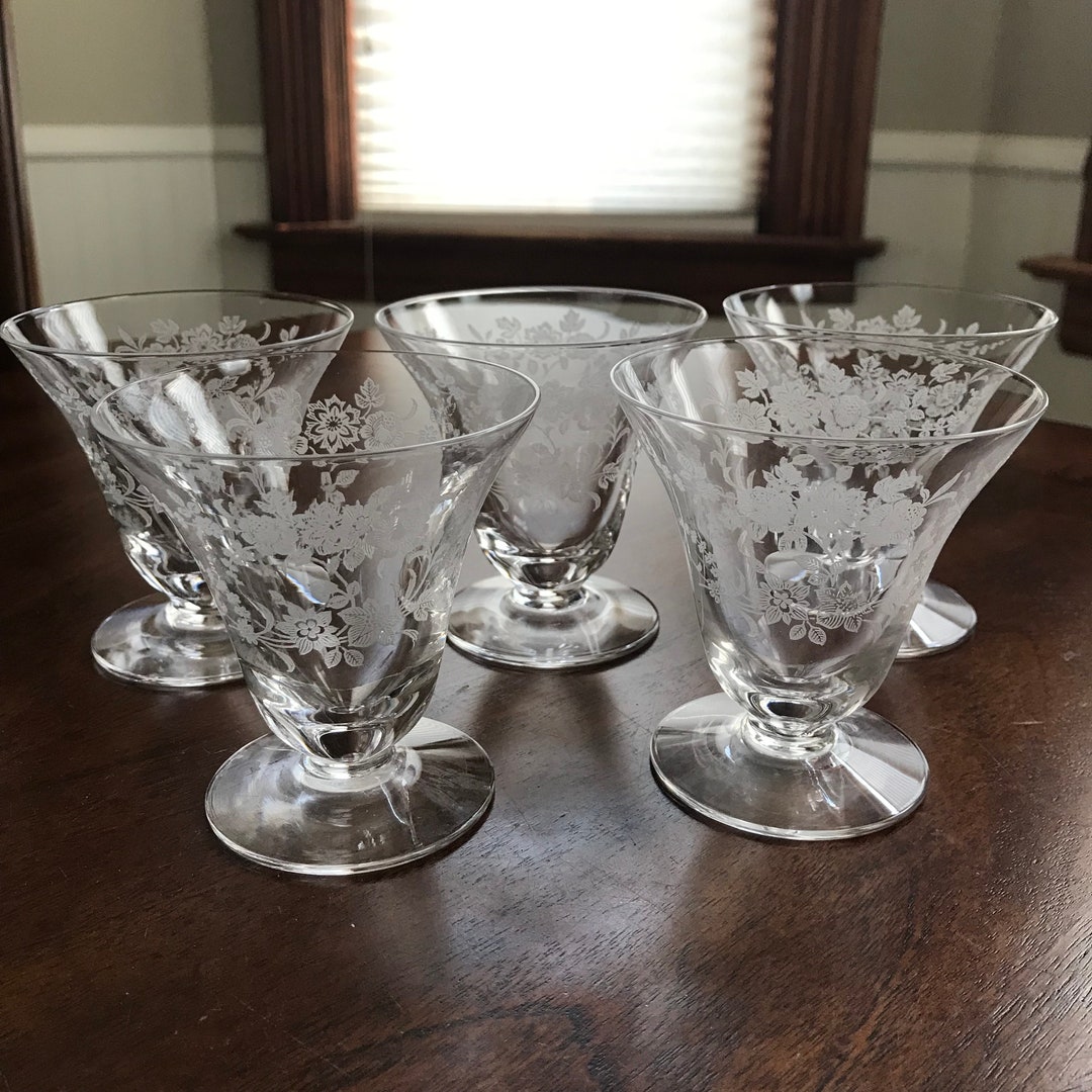 Tiffin Glass Co. TIFFIN ROSE Etched Oyster or Fruit Cocktail (5)! - Etsy