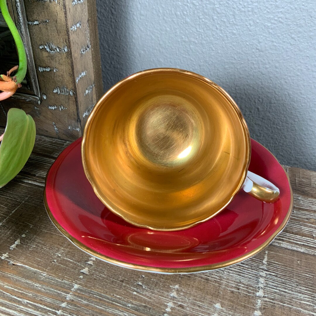 Aynsley Maroon and Gold Footed Tea Cup and Saucer Set - Collectible ...