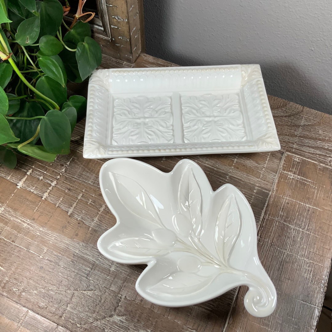 Lenox BUTLERS PANTRY Rectangular Tray OR Leaf Olive Dish All White With Tan Embellishments Made ...
