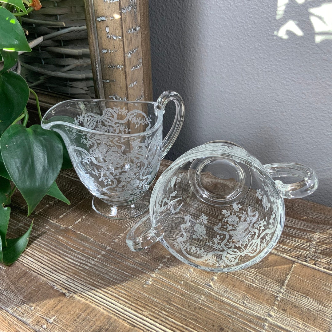 Fostoria ROMANCE Sugar and Creamer / Milk Jug Set - Bows Ribbons and ...