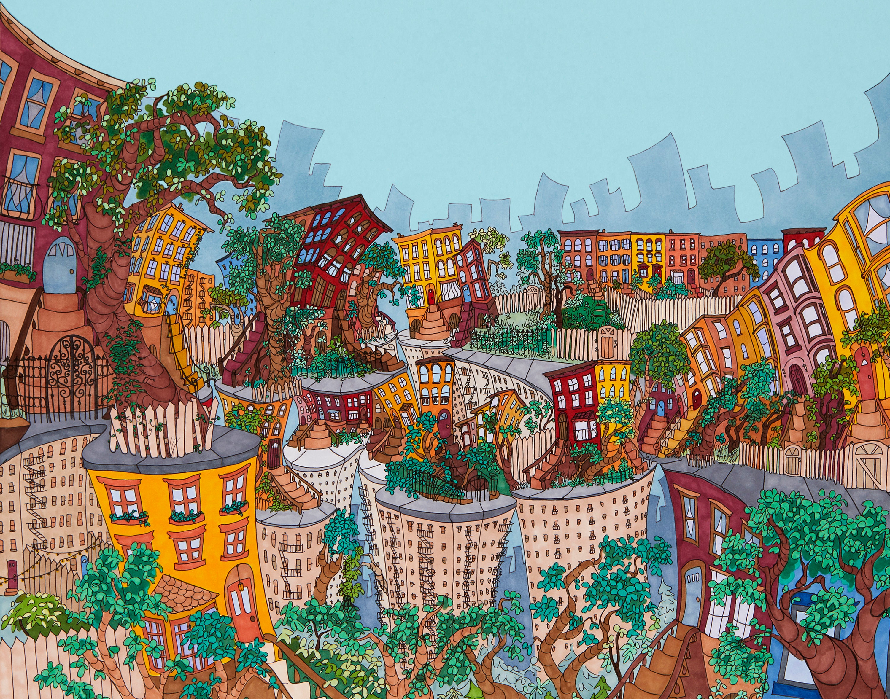 Colorful Bustling Cityscape Art Print, Illustration in Vibrant Bold ...