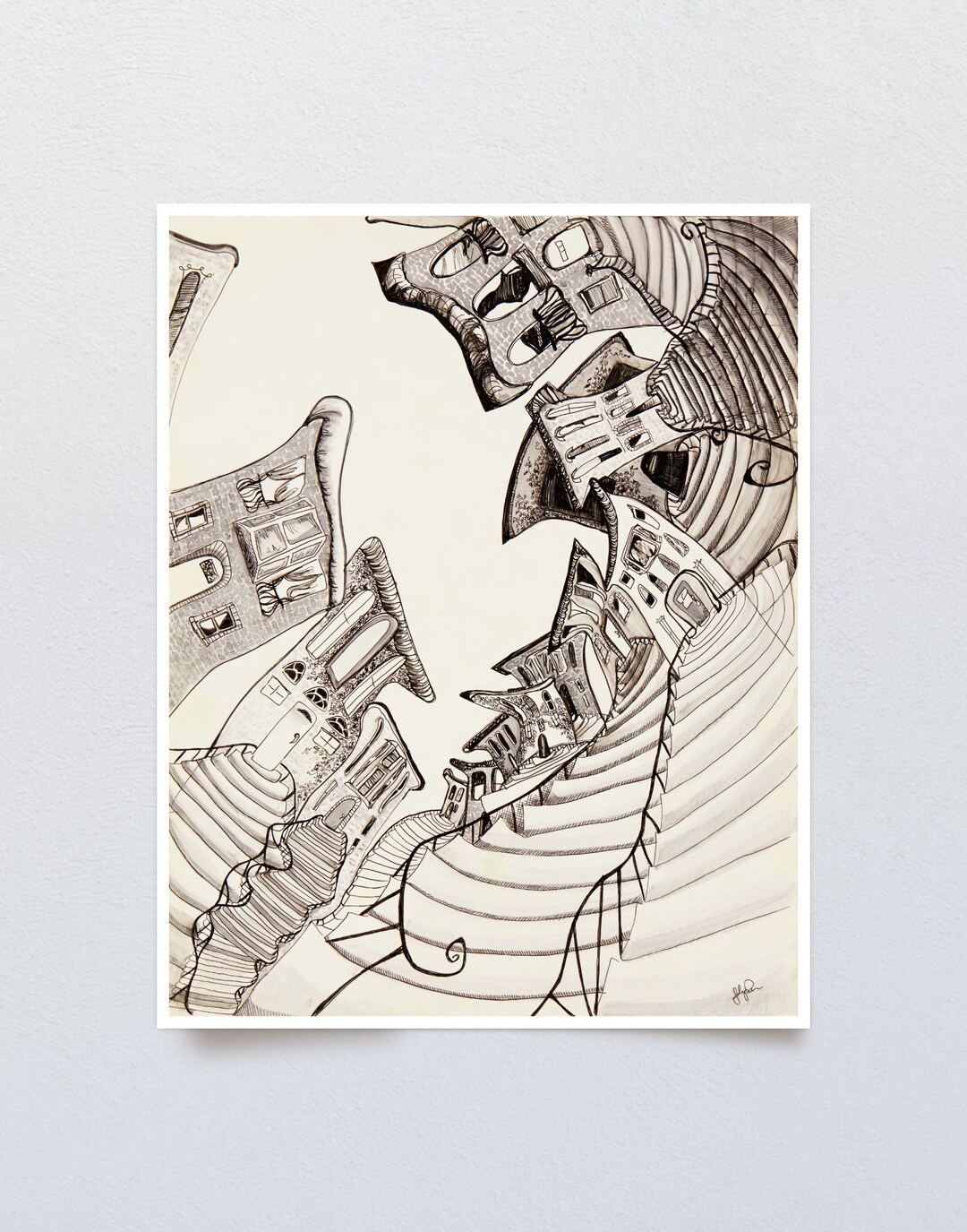 Melting Buildings Art Print, Surreal Illustration in Black and White ...