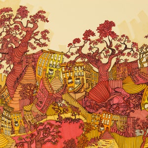 Psychedelic Swirly City Art Print, Illustration in Orange and Yellow ...