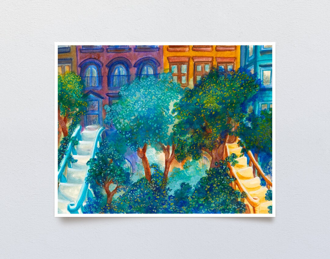 Colorful Tree and Brownstone Art Print, House Watercolor Original ...
