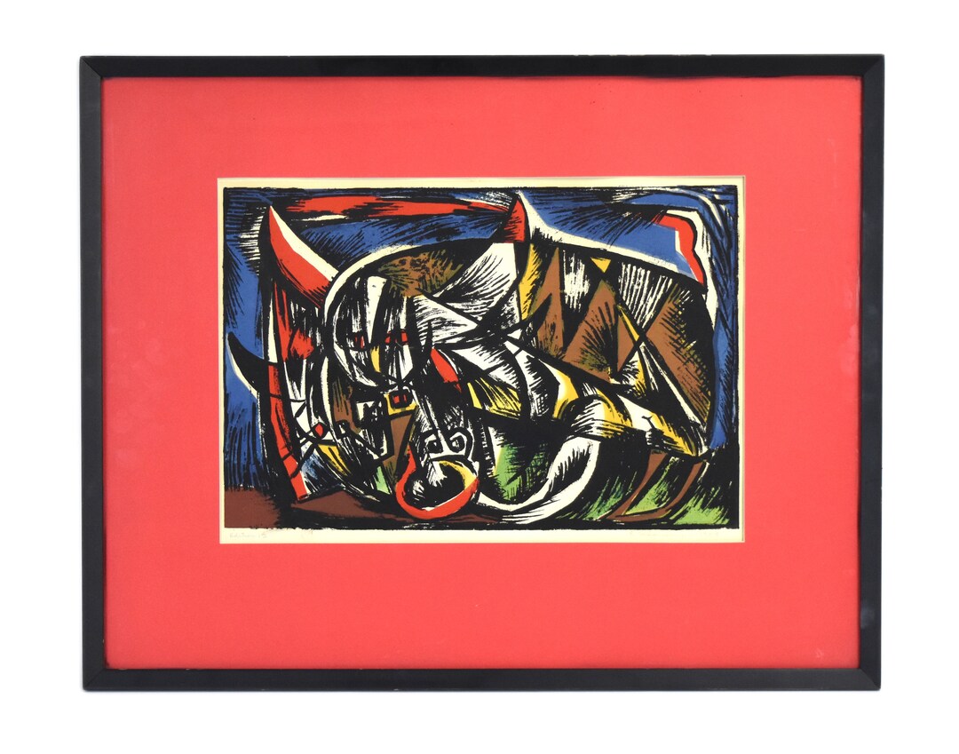 Vintage 1958 Edward Schoenberger Cubist Modern Screenprint Berzerk Bull ...