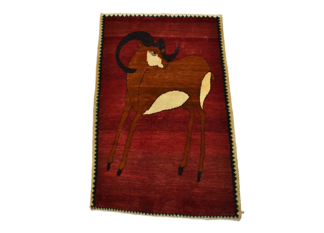 Antique Persian Rug of Ram or Ibex on Burgundy - Etsy