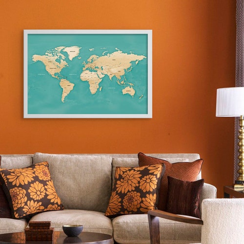 Push Pin World Map Framed Turquoise World Map Travel Map - Etsy