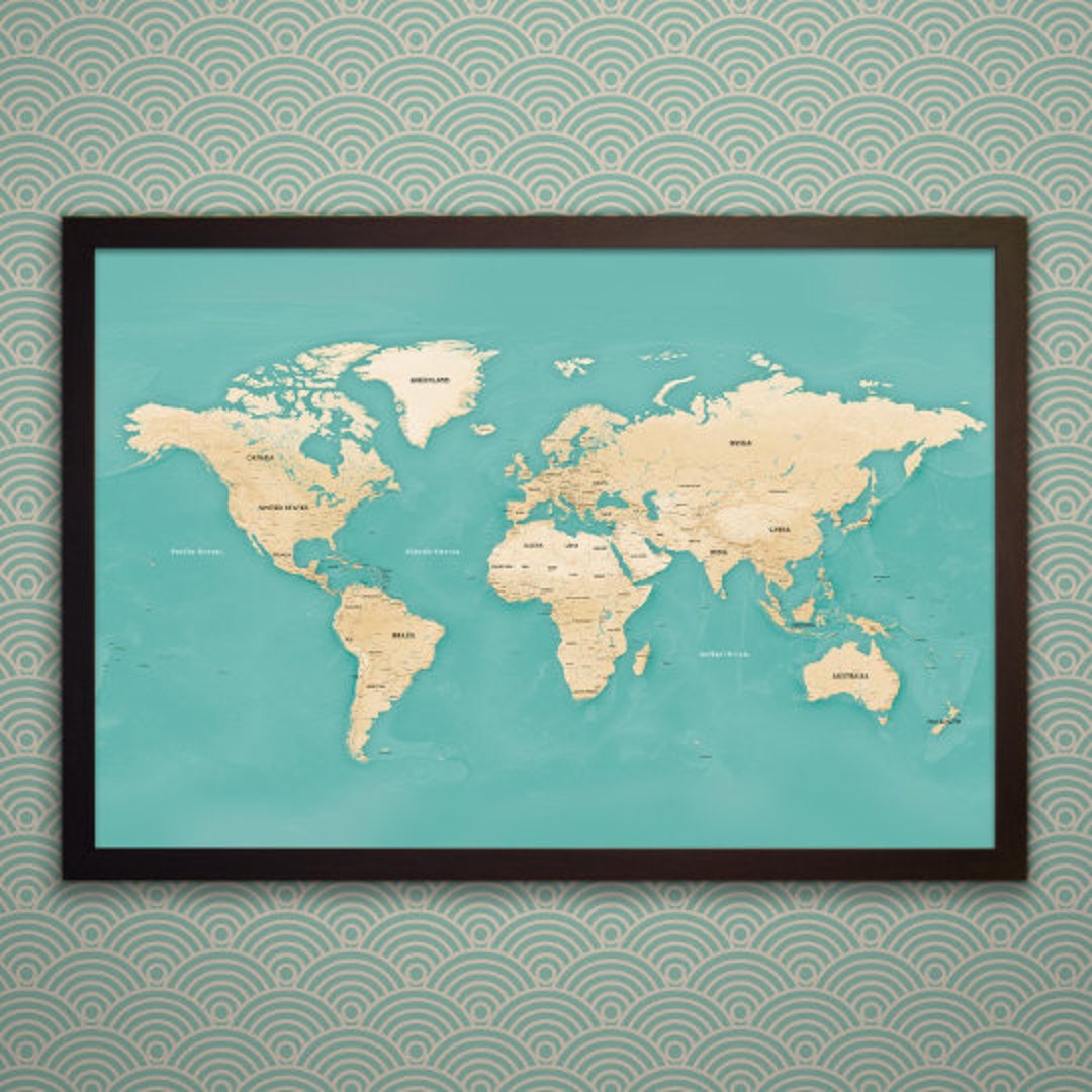 Push Pin World Map Framed- Turquoise World Map- World Map Push Pin ...