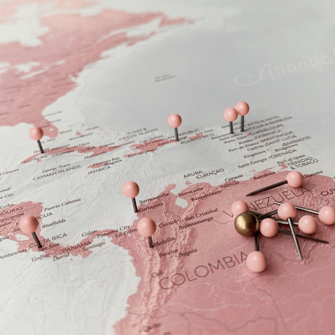 Push Pin World Map Poster- Pink World Map- World Map Push Pin Print ...