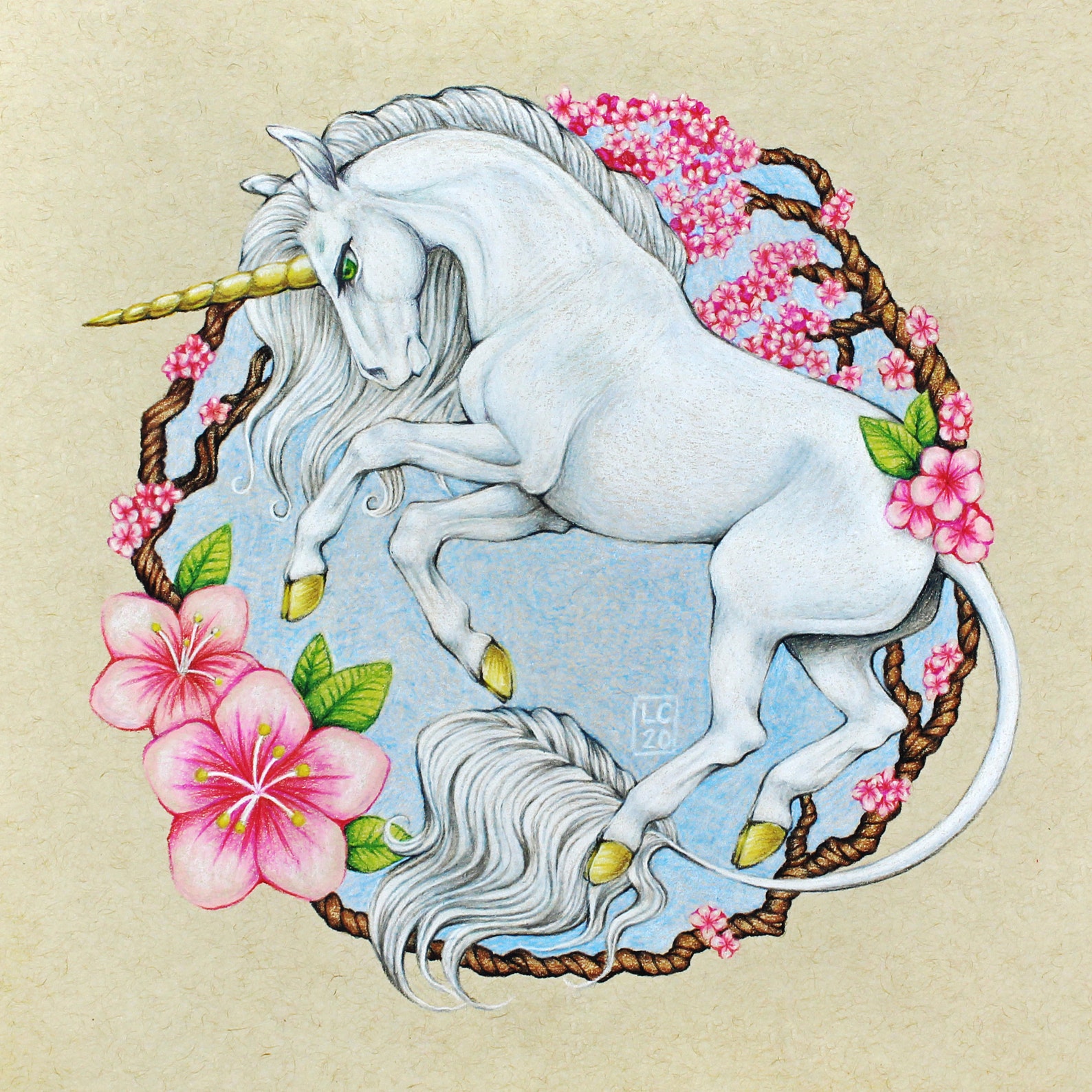 White Unicorn With Sakura Cherry Blossoms Print Etsy