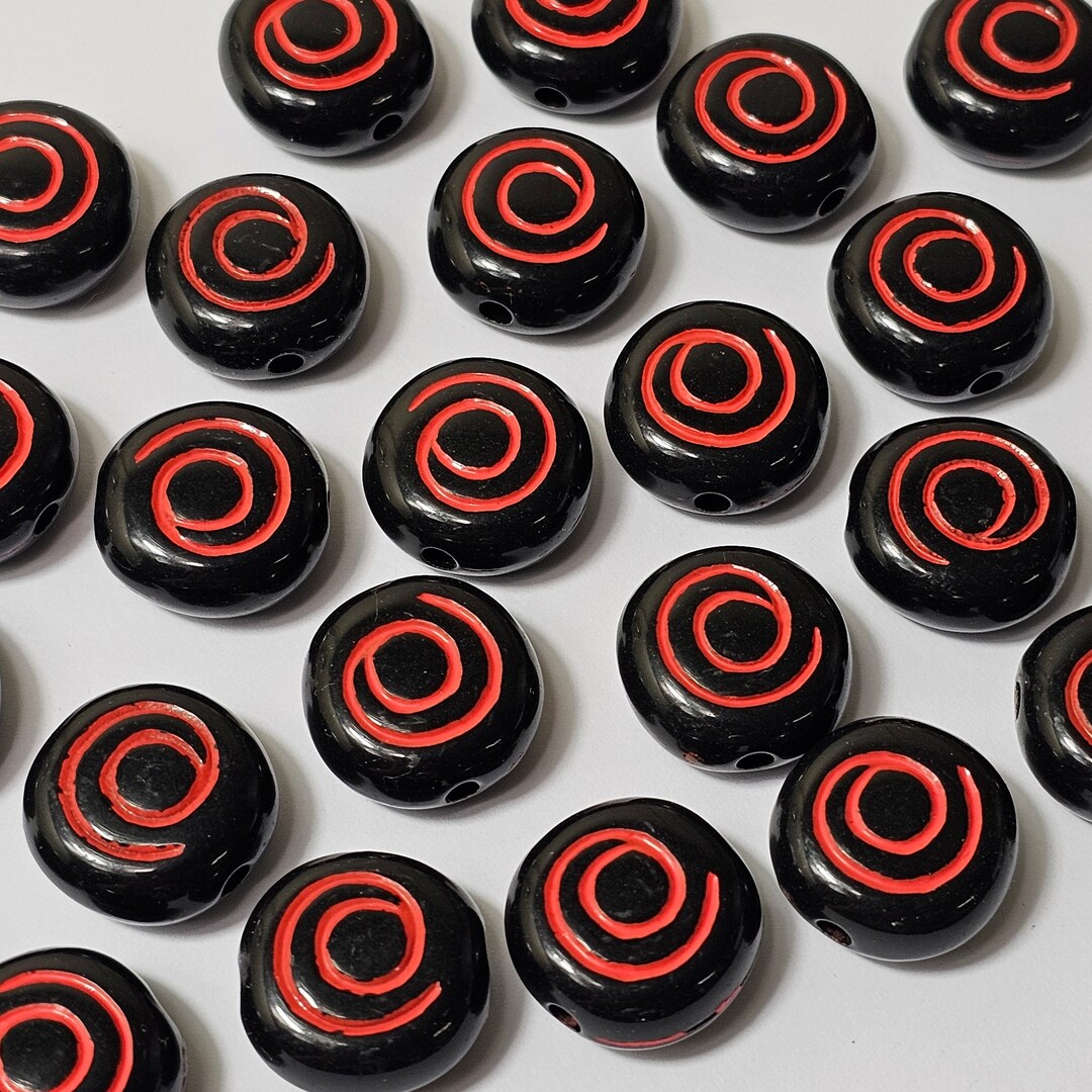 18mm Vintage Round Flat Spiral Patterned Black Lucite Beads, 10 Pcs ...
