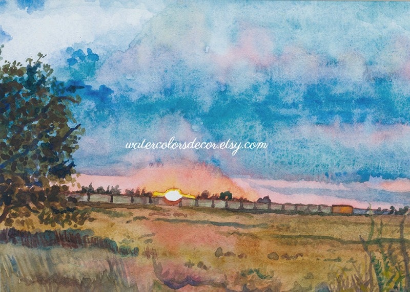 Nebraska Sunset Watercolor Print Painting Landscape Prairie | Etsy