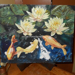 Original Koi Pond Watercolor Painting. Water Lilies. Bathroom Wall Art ...