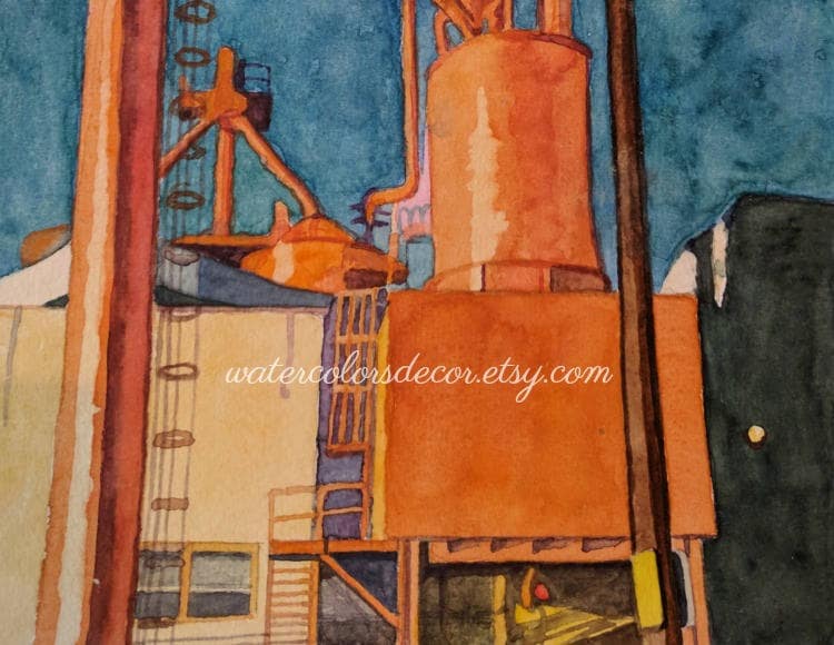 Original Peach Factory Industrial Building Watercolor Painting ...