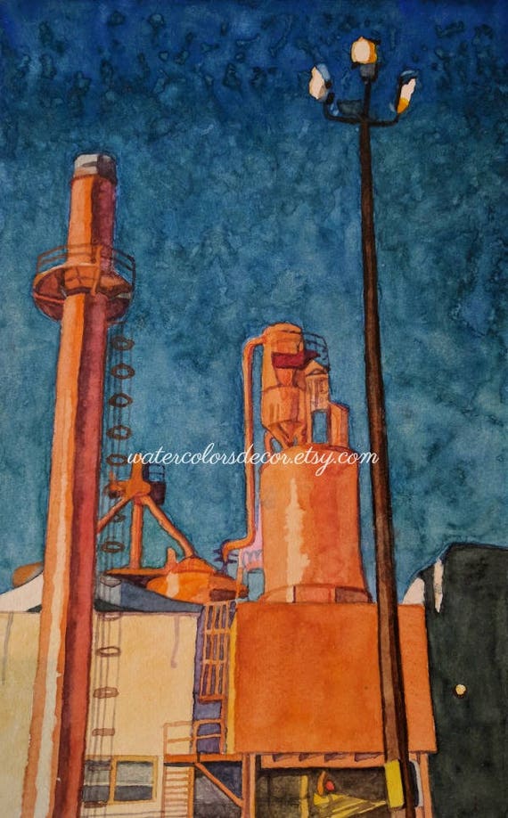 Original Peach Factory Industrial Building Watercolor - Etsy