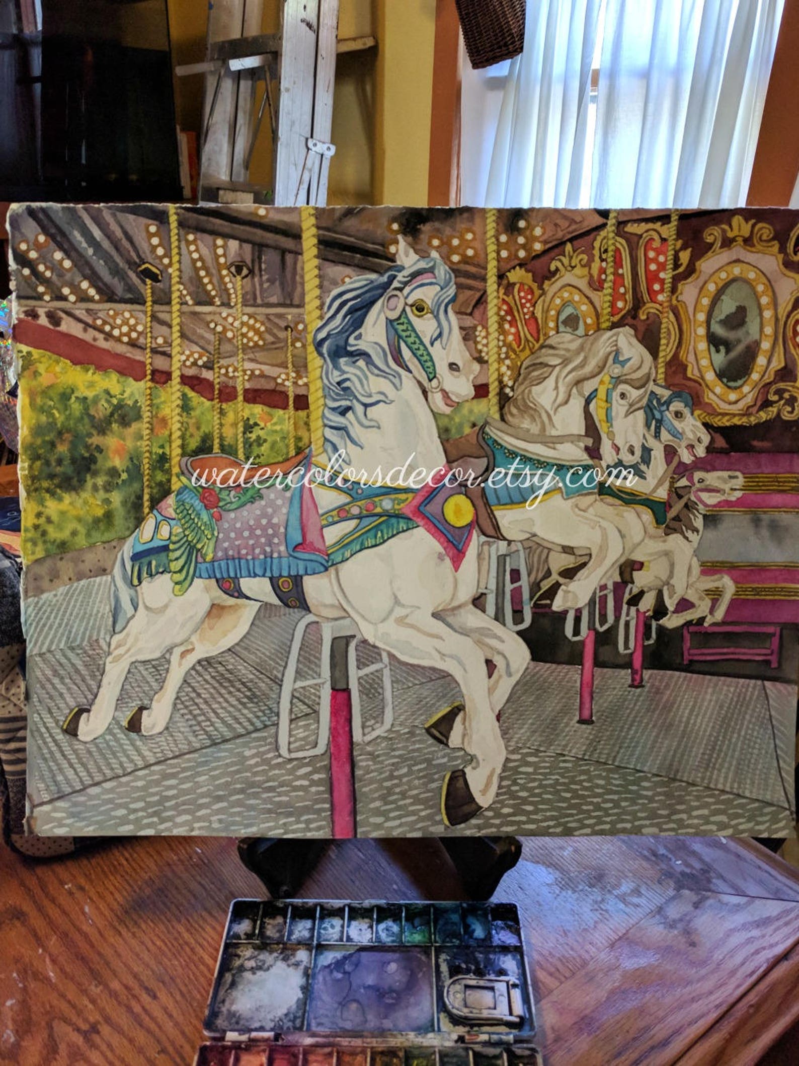Water Color : Original Carousel Watercolor Painting. White - Etsy