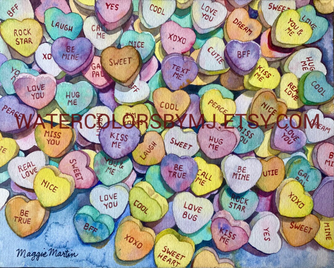 Conversation Hearts Watercolor Painting Valentine Gift Heart Wall Art ...