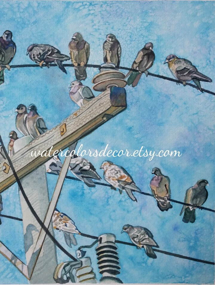 Original Birds on Wire Watercolor Painting Telephone Pole 11x14 Artwork ...