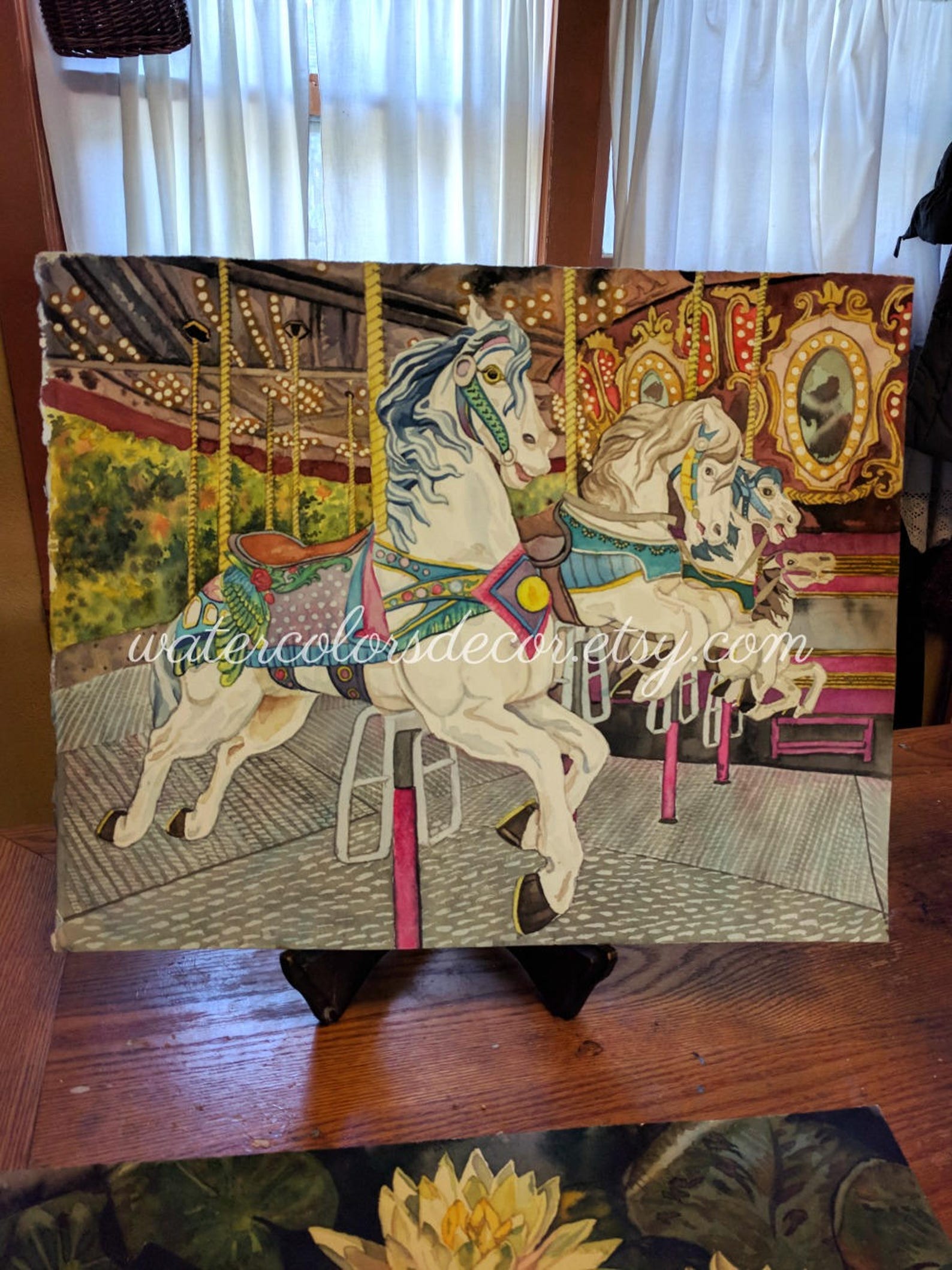 Water Color : Original Carousel Watercolor Painting. White Horses ...