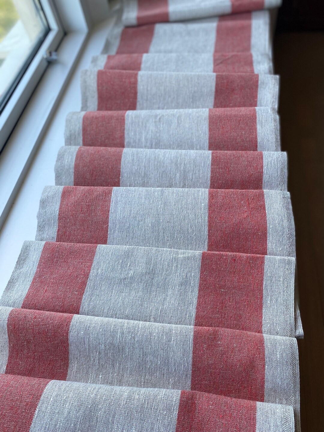 Linen Table Runner: Extra Long Farmhouse Style With Brick Red Stripes ...