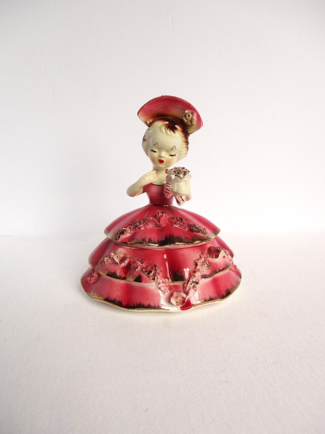 Vintage Powder Jar Figural Japan Ceramic Pink Dress Crinoline Lady ...