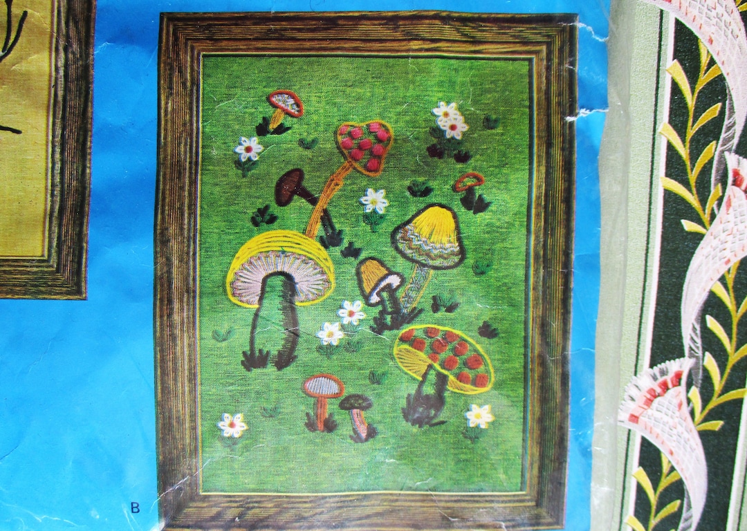 Vintage Crewel Embroidery Kit Mushrooms Crewel 12x16 Colorful Creative ...