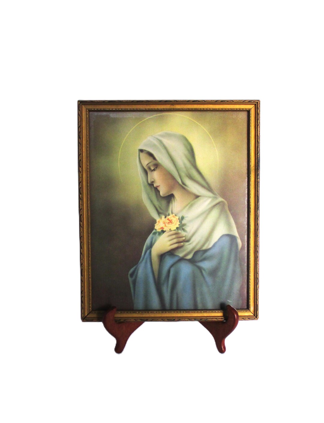 Vintage Virgin Mary Art Antique Lithograph Framed Holy Mother Blessed ...