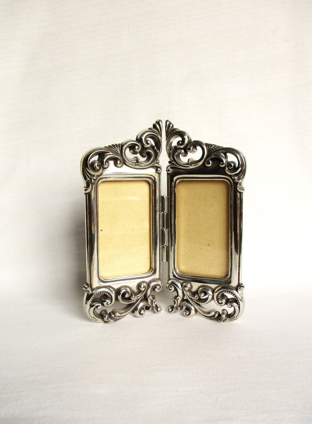 Double Picture Frame Small Silver Metal Photo Frame Folding Ornate ...