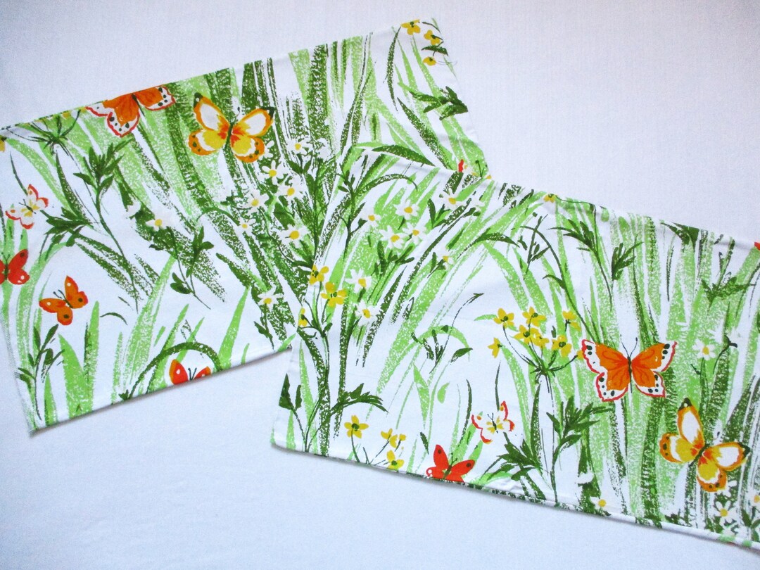 Vintage Pillow Covers 18x11 Butterflies & Floral Orange Green Yellow ...