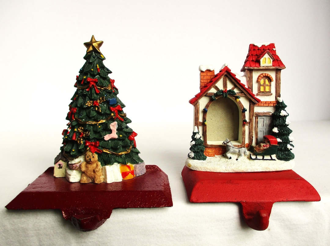 Cast Iron Stocking Holders Vintage Christmas Tree & House Stocking ...