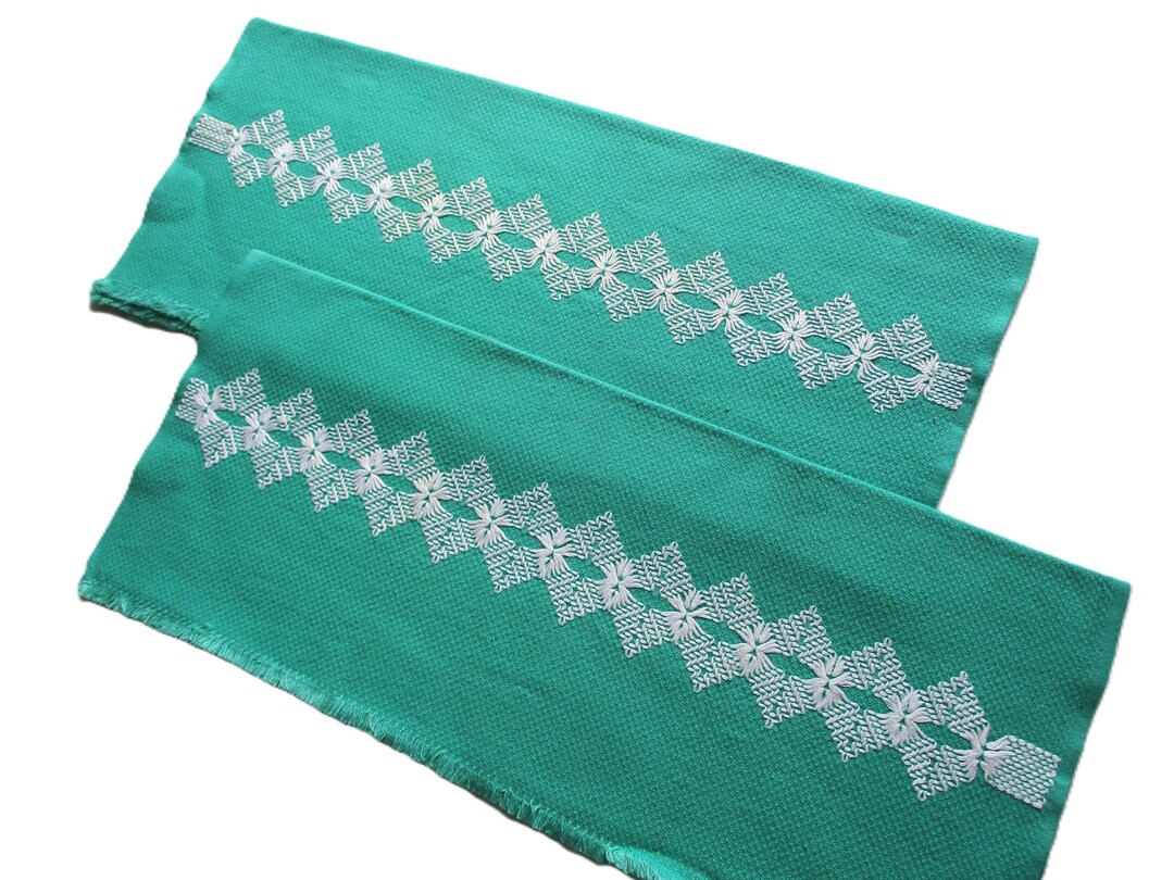 Vintage Huck Towels 2 Pc Teal Green Huck Towel Set Cotton Embroidered ...
