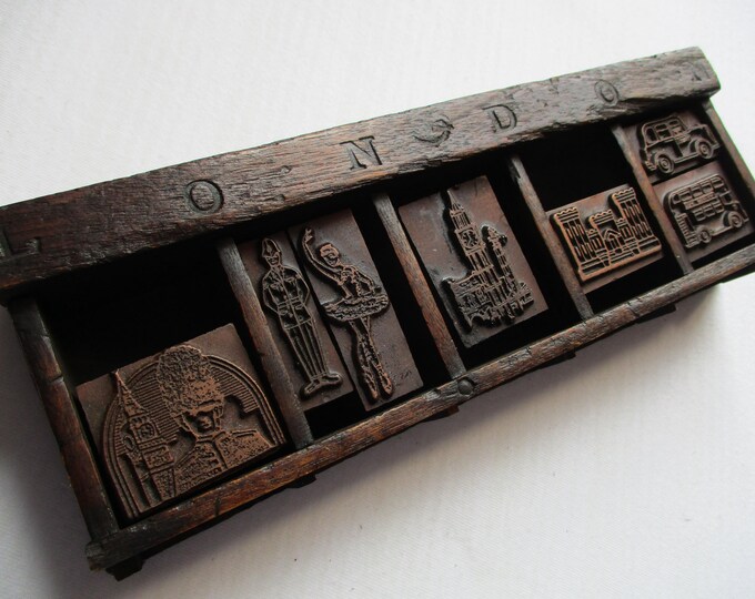 Antique Wood Printing Blocks Set London Designs People Buildings Cab ...