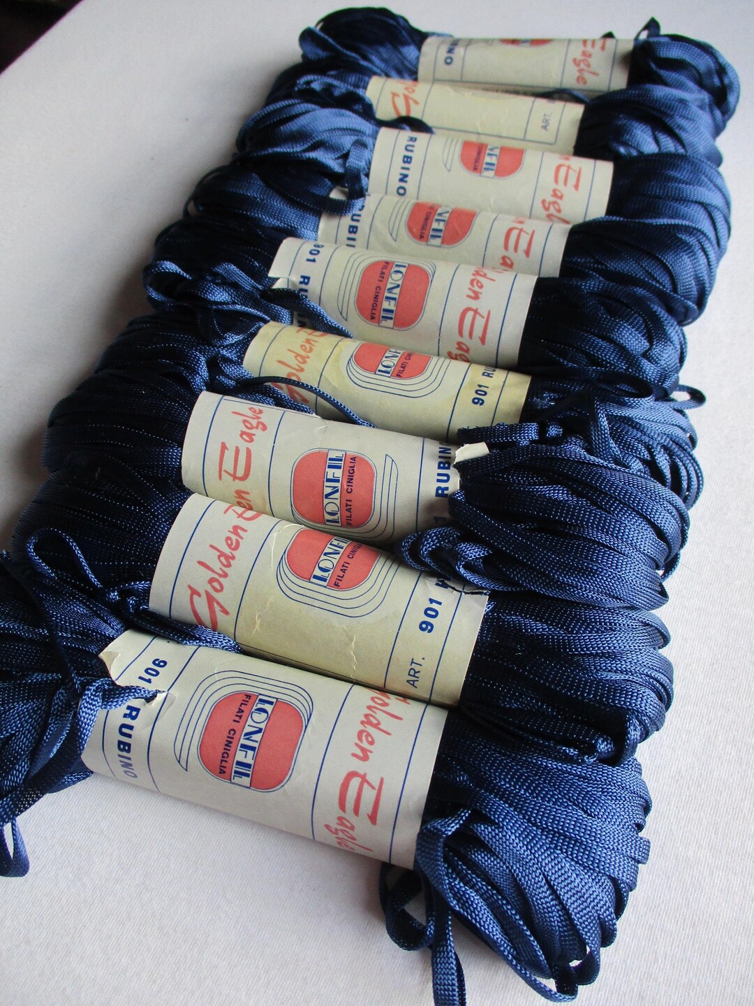 9 Lot Vintage Filati Yarn Navy Blue Ribbon Yarn Italian Slinky Silky ...