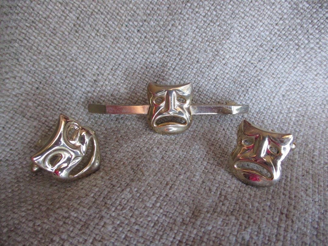 Comedy & Tragedy Vintage Cuff Links and Pin Gold Metal Cuff Links Set ...