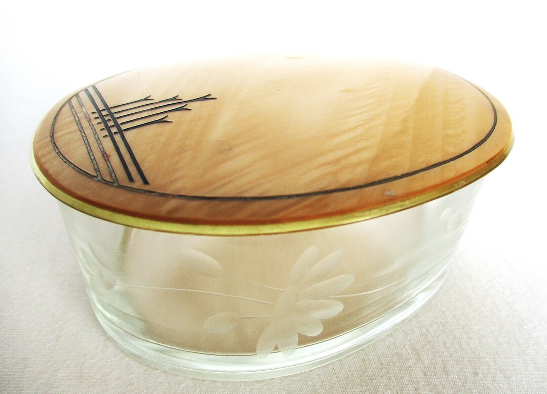 Vintage Art Deco Powder Jar Lucite & Etched Glass Oval Vintage Powder ...