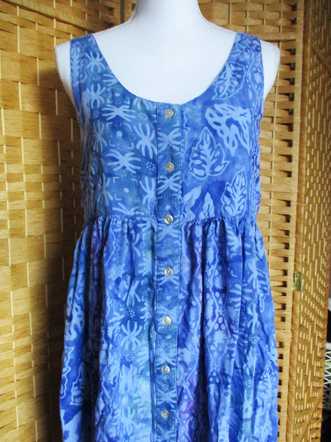 Nomadic Traders Dress 1990's Bohemian Batik Dress M Blue Empire Rayon ...