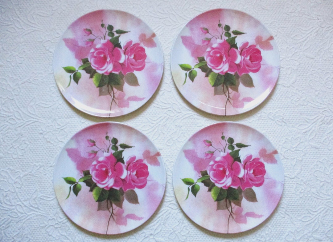 Melamine Plates 4 Pink Roses Plates Vintage Melamine Ware Pink Floral ...