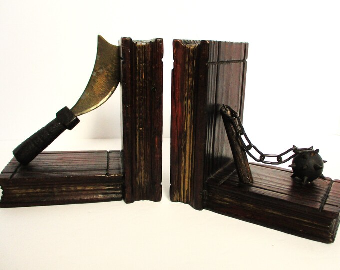 Medieval Weapons Bookends Vintage Spanish Wooden Bookends Set Mace ...