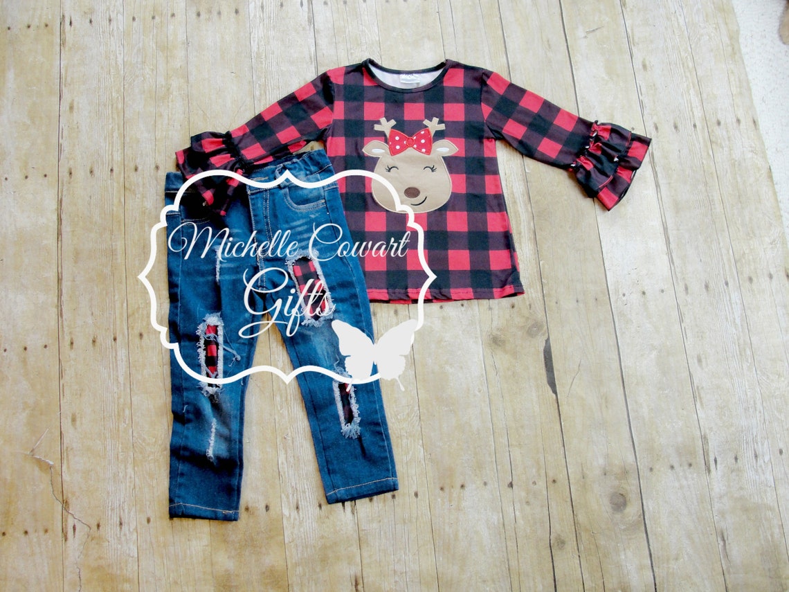 Christmas Reindeer Outfit Red Buffalo Jeans Personalized - Etsy