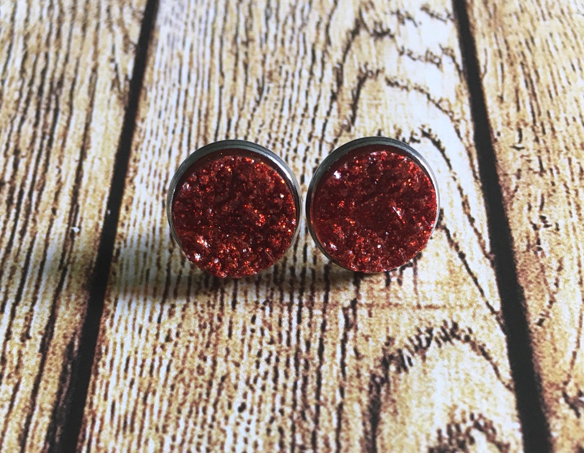 Red Glittery Druzy Stud Earrings Red Faux Druzy Earrings Red | Etsy