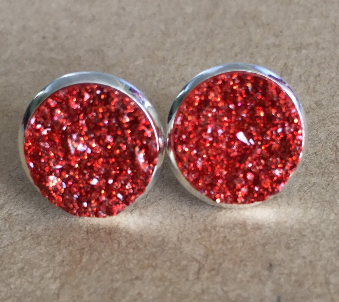 Red Glittery Druzy Stud Earrings Red Faux Druzy Earrings Red | Etsy