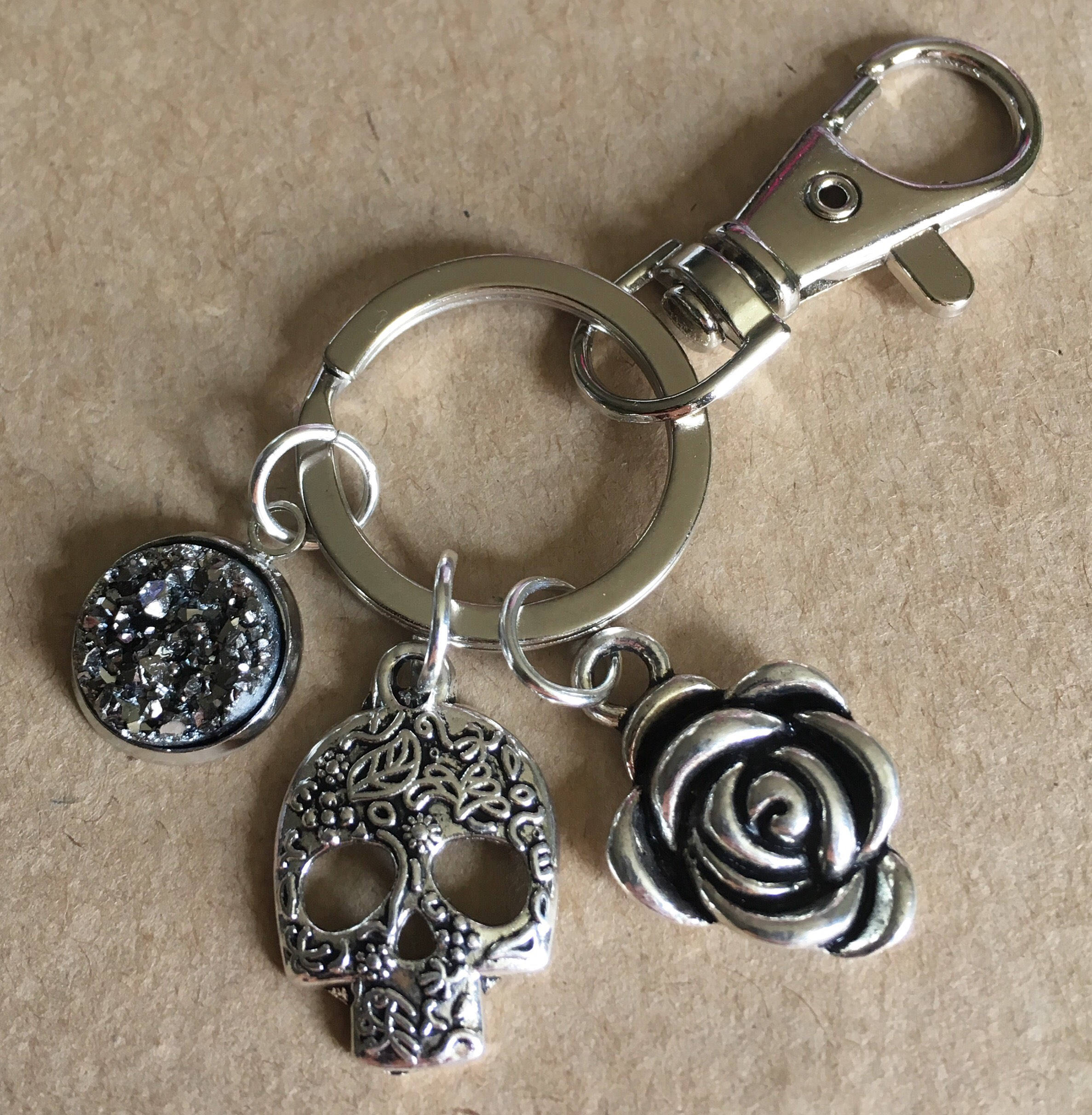 Skull Keychain Small Druzy Keychain Rose Keychain - Etsy UK