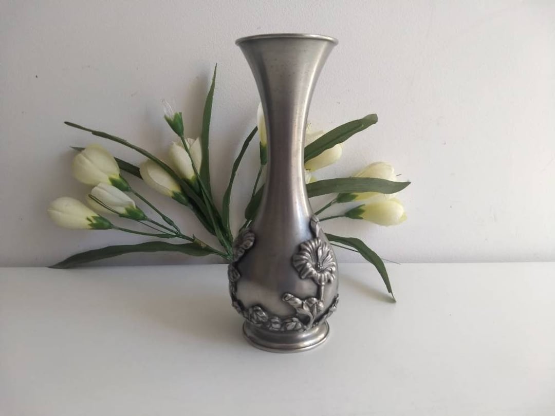 French Vintage, Small Pewter Vase With Floral Relief Pattern of Poppies ...